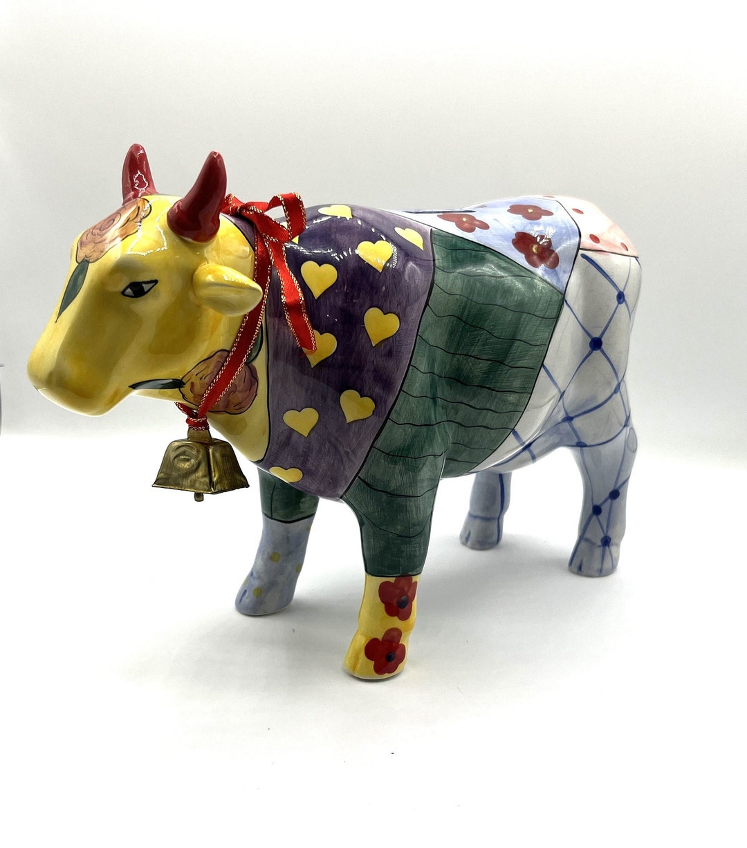Ceramic Cow Bank Hand Painted Patchwork Pattern, Brass Cowbell Great ...