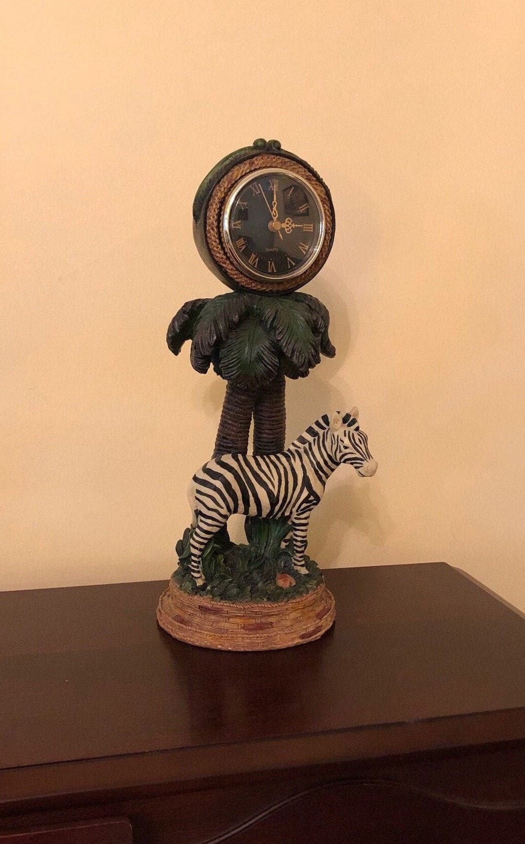Zebra Clock Sculptured in the Grass With Palm Trees. 5" X 6" X 15" High ...