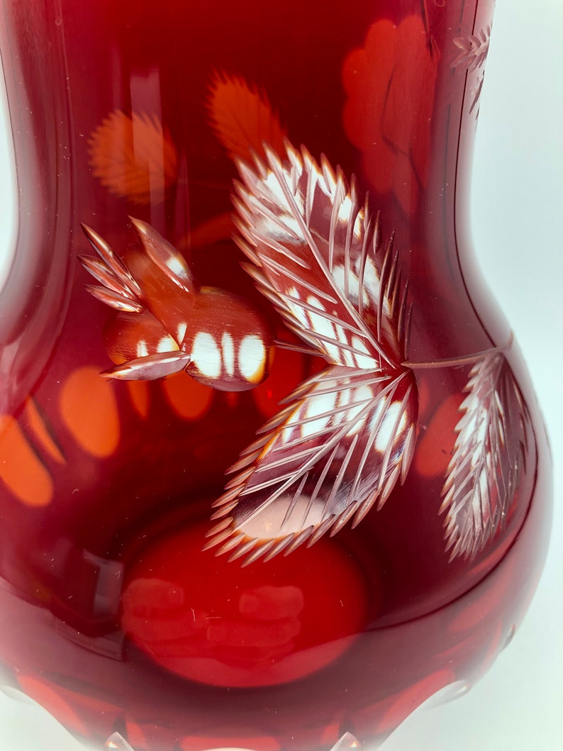 Vintage Ruby Red Cut to Clear Glass Pitcher. Cut Flower Leaves - Etsy