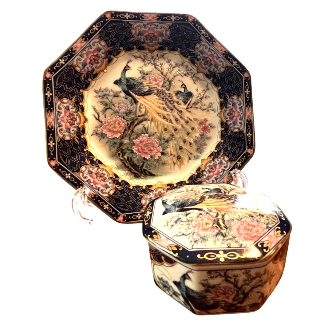 Japanese Seizan Gama Plate and Matching Trinket Box Octagon Shape W ...