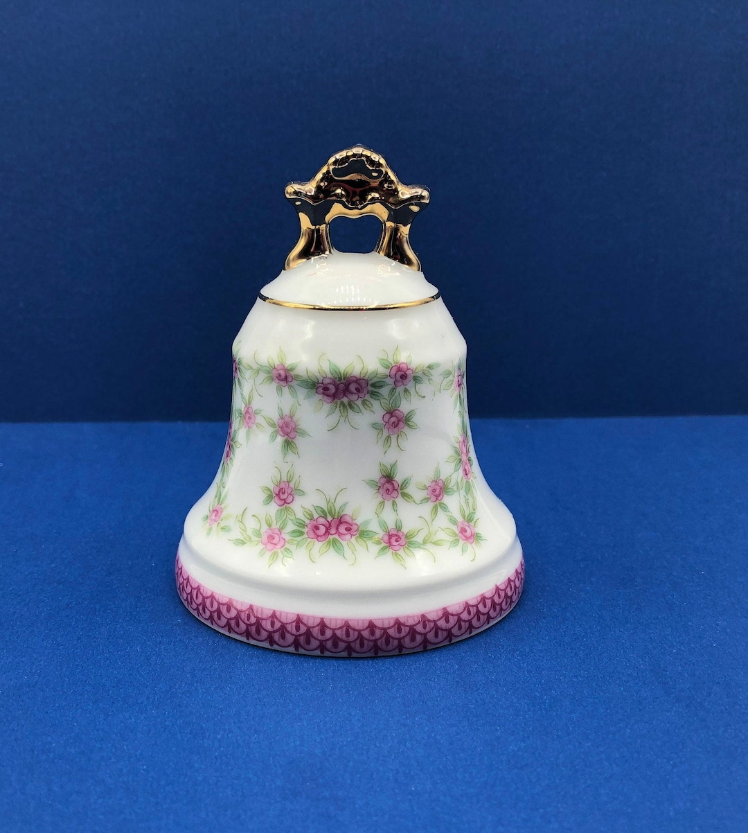 Lefton China Porcelain Bell With Pink Roses and Green Leaves and a Gold ...