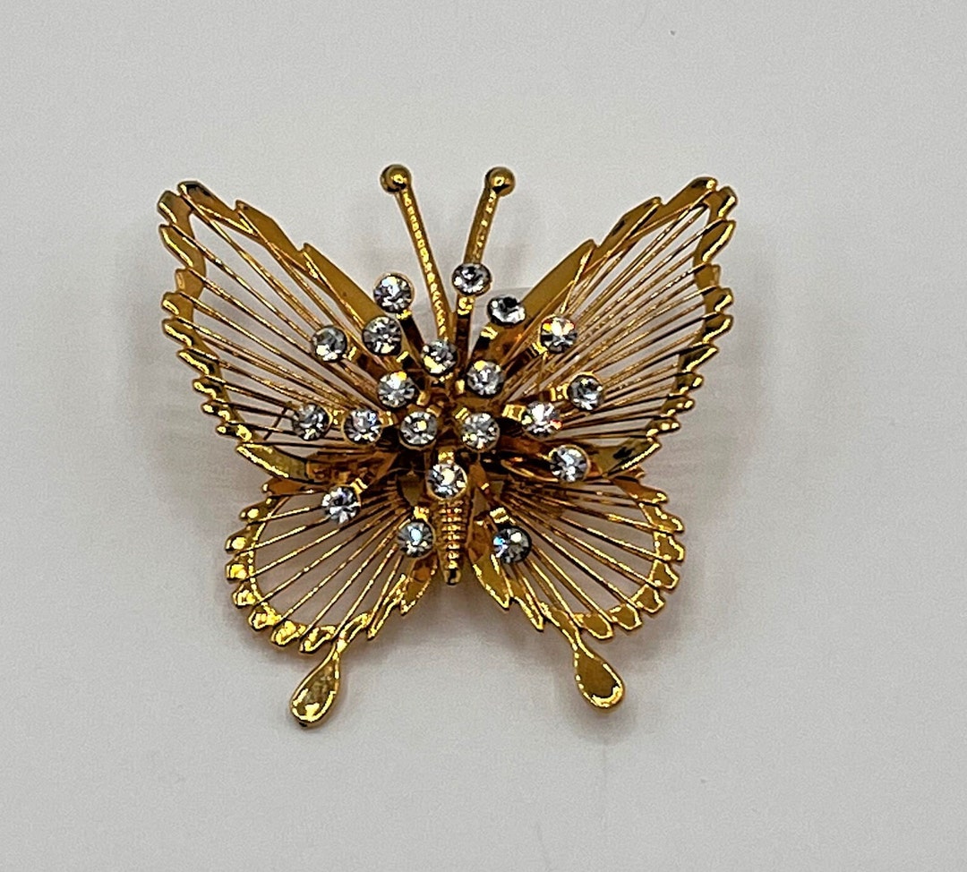 Vintage Monet Gold Tone Butterfly Brooch With Crystal Clear Rhinestones ...