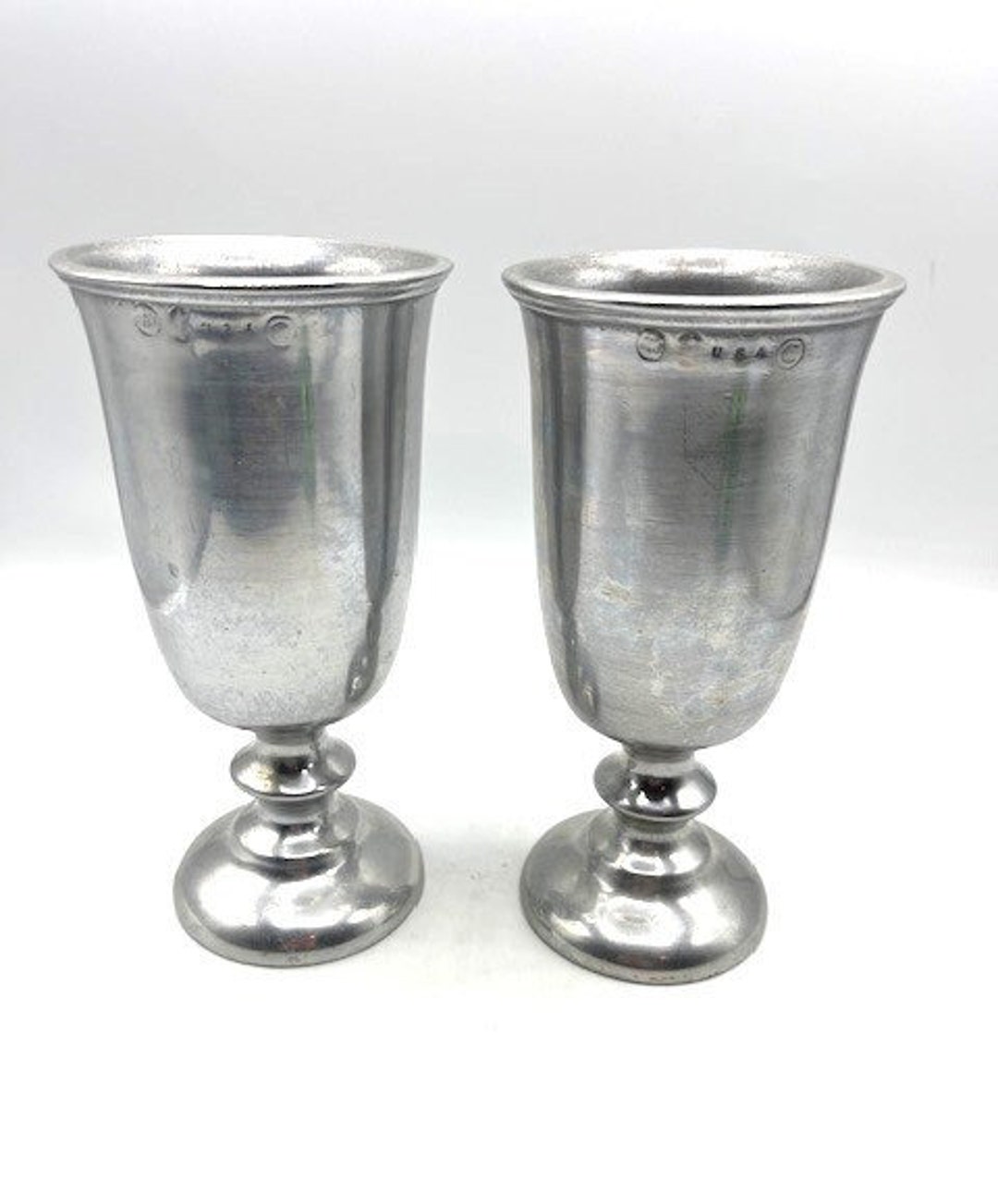 Vintage Pewter 10 Ounce Goblets Made in USA Pair 7.25