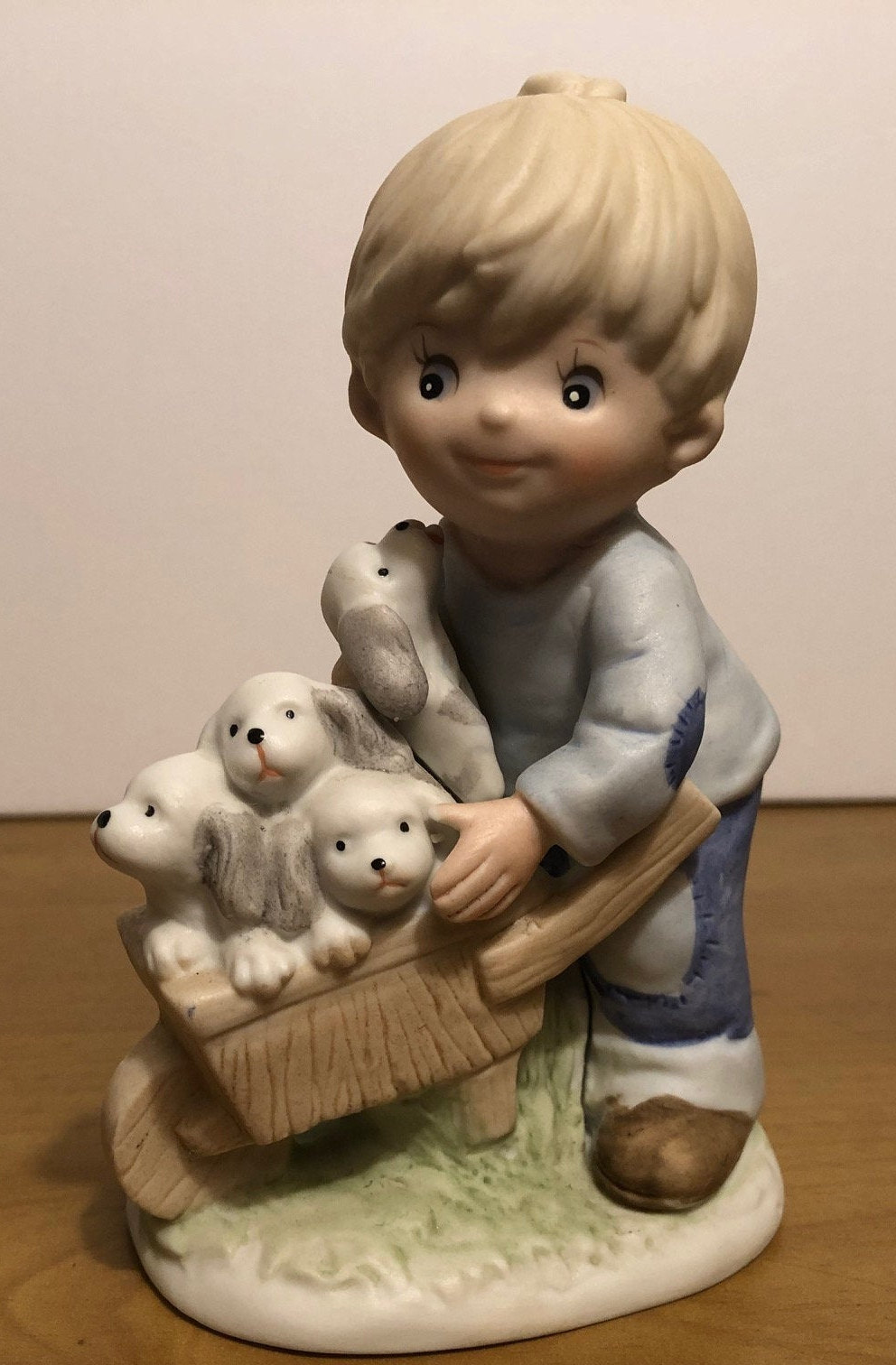 Vintage Figurine - Little Boy With Wheelbarrow Full of Puppies ...