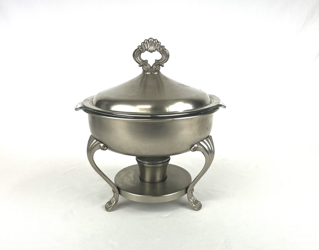 F B Rogers Pewterlite Footed Covered Chafing Dish Anchor Hocking Glass ...
