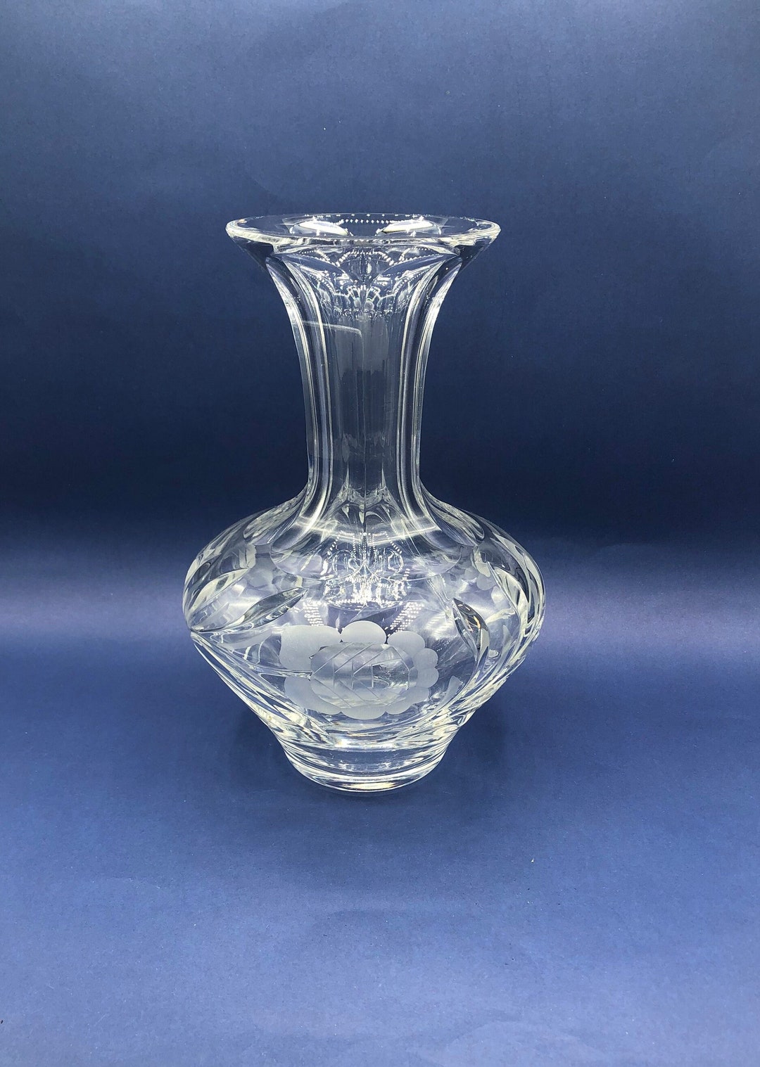 Large Crystal Vase With Etched Flowers, Deeply Cut Leaves, Beautiful ...