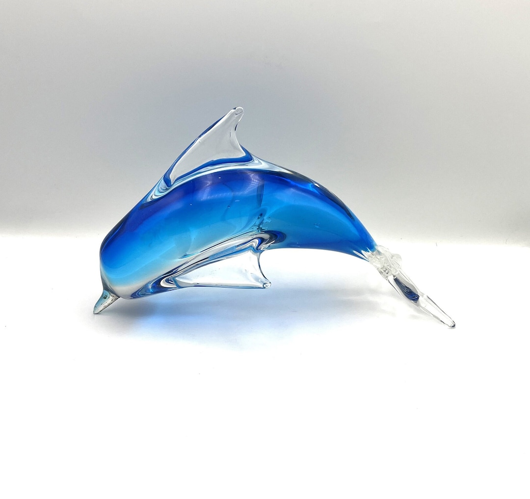 Large Crystal Blue Glass Art Dolphin by Fifth Avenue Crystal LTD Deep ...