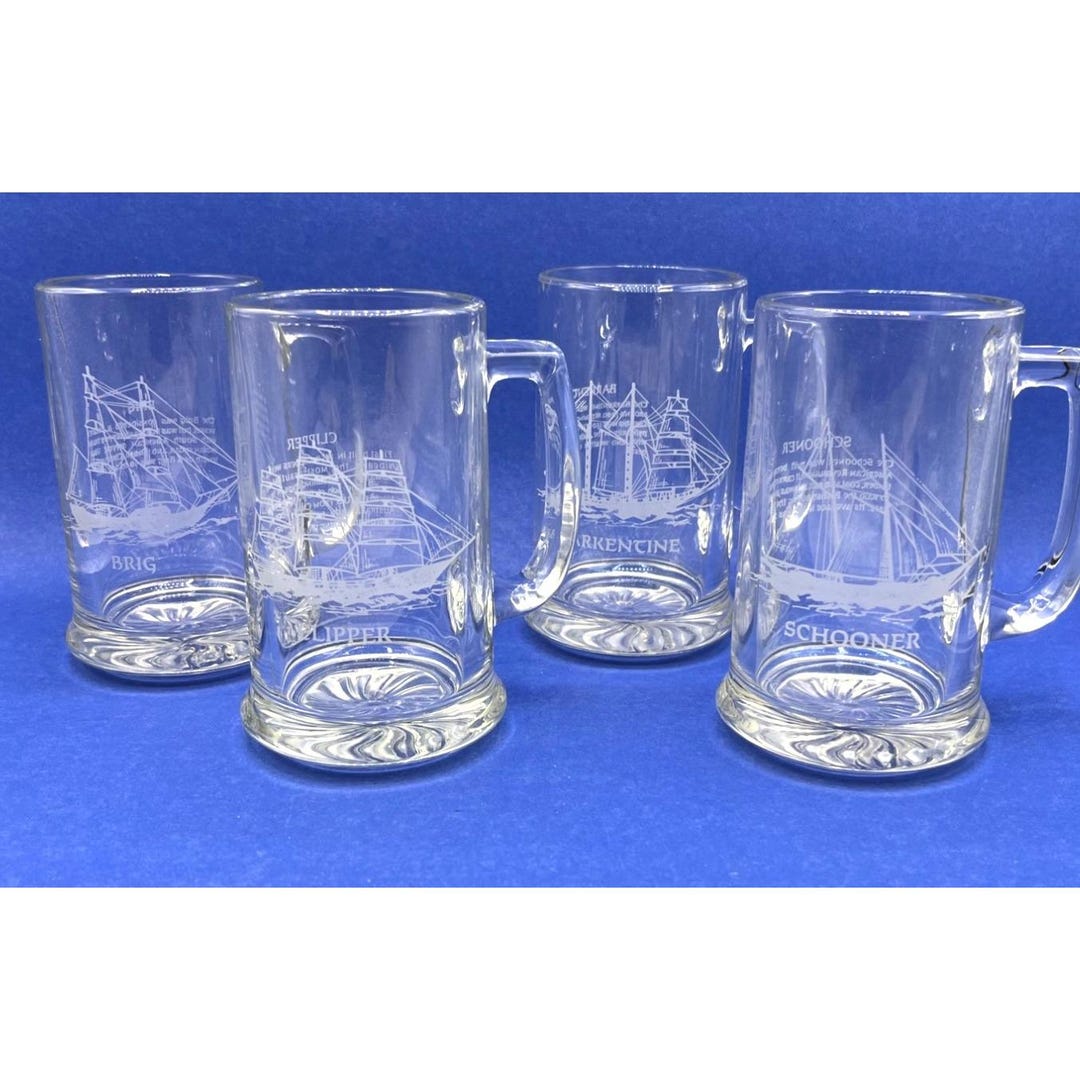 Choose a Pair - Vintage Nautical Themed Glass Beer Mugs With Etched ...