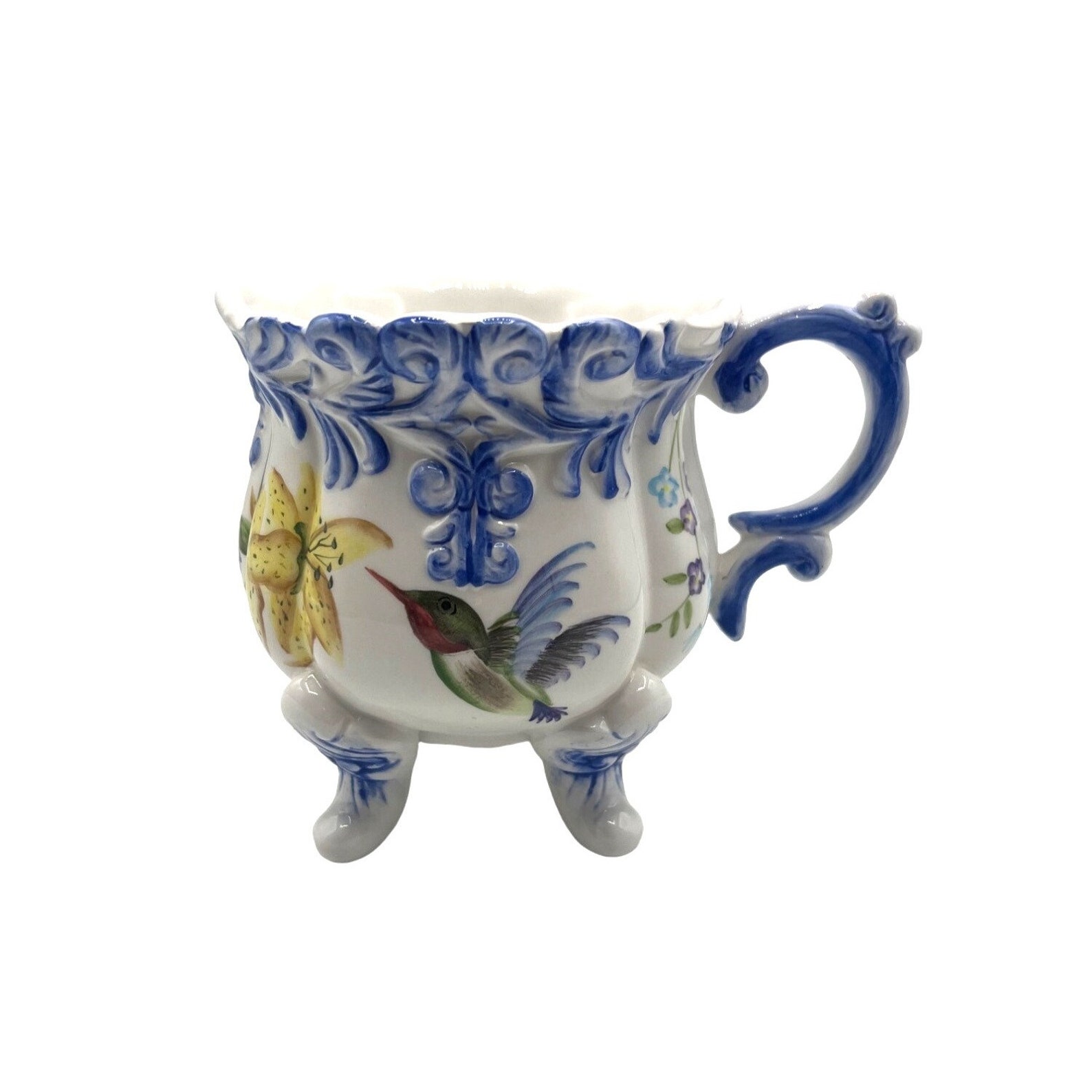 Vintage Ceramic 3 Pc Tea Set With Floral Hummingbird Design White Blue ...