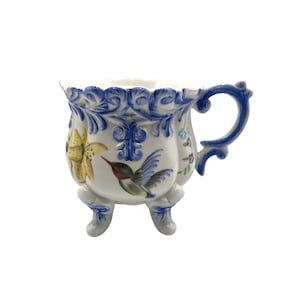 Vintage Ceramic 3 Pc Tea Set With Floral Hummingbird Design White Blue ...