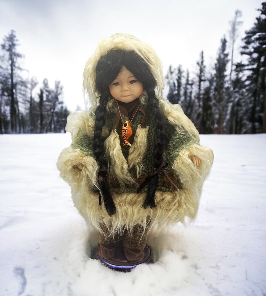 Native Eskimo Girl Doll With Stand Suede Fabric Faux Fur Costume by ...