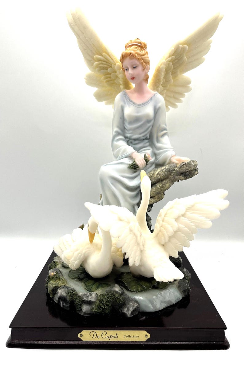 Large De Capoli Collection Angel in Blue Sitting by Pond Two White ...