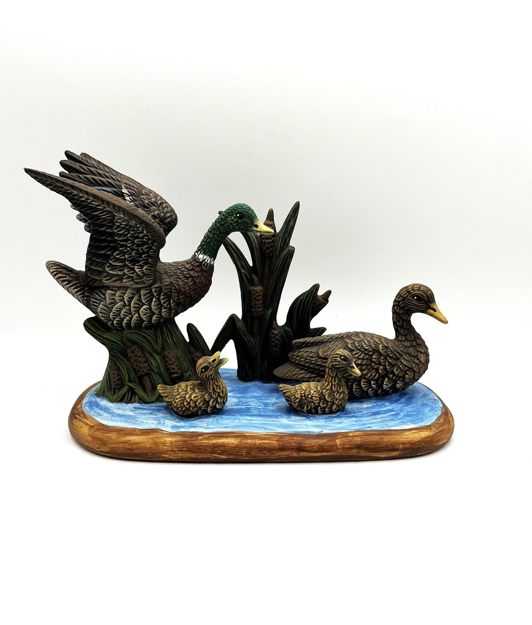 Ceramic Mallard Duck Family on the Pond With Cat Tails. Handcrafted ...