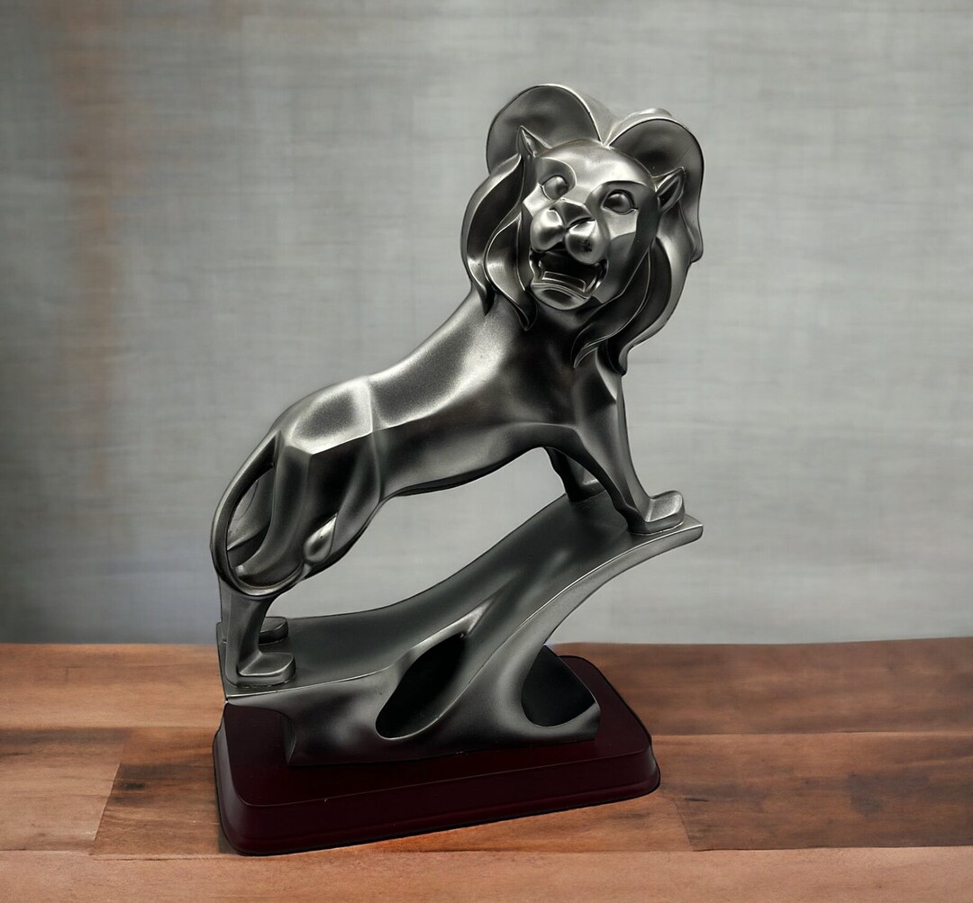 Herco Professional Gifts Silver Lion Figurine on Wooden Base Pewter ...
