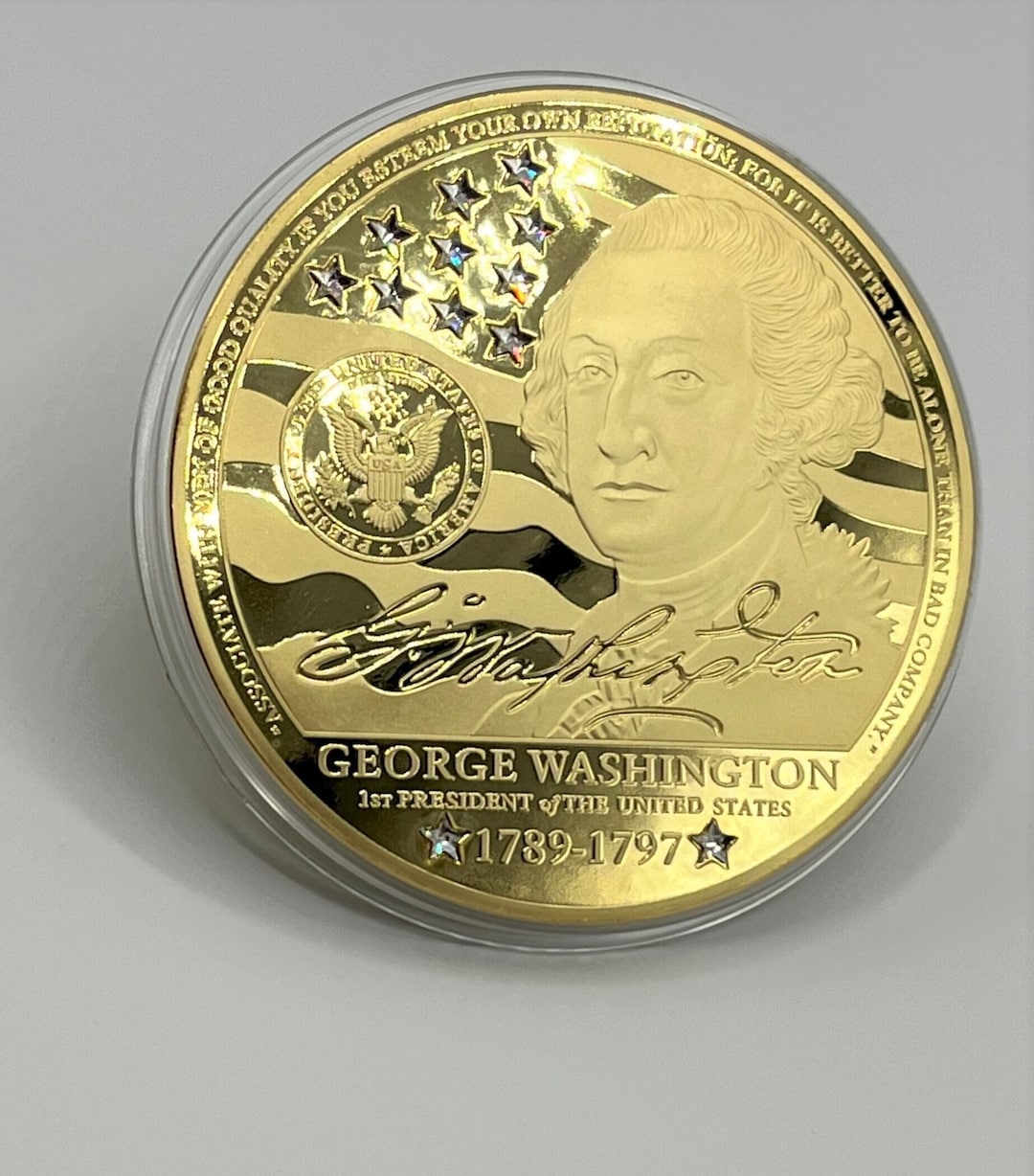 24K Gold Layered Jumbo George Washington Coin With Inlaid Crystals. U.S ...
