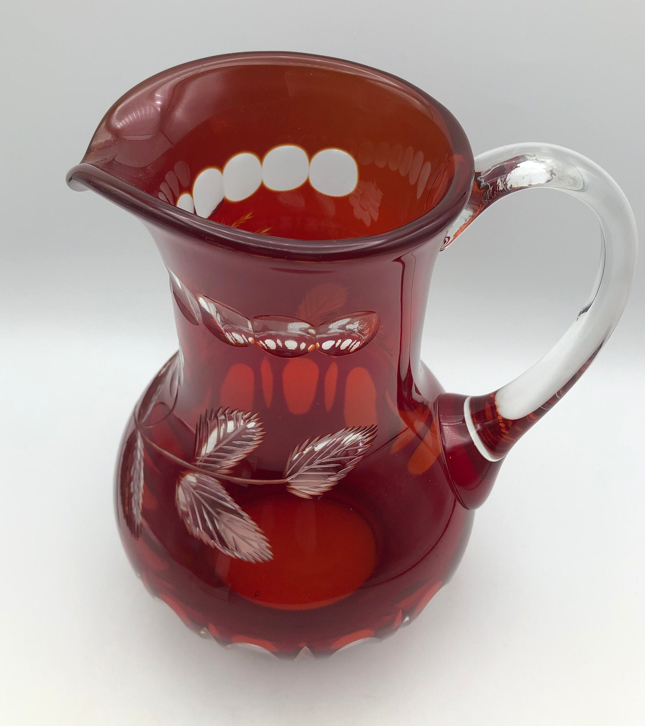 Vintage Ruby Red Cut to Clear Glass Pitcher. Cut Flower Leaves - Etsy