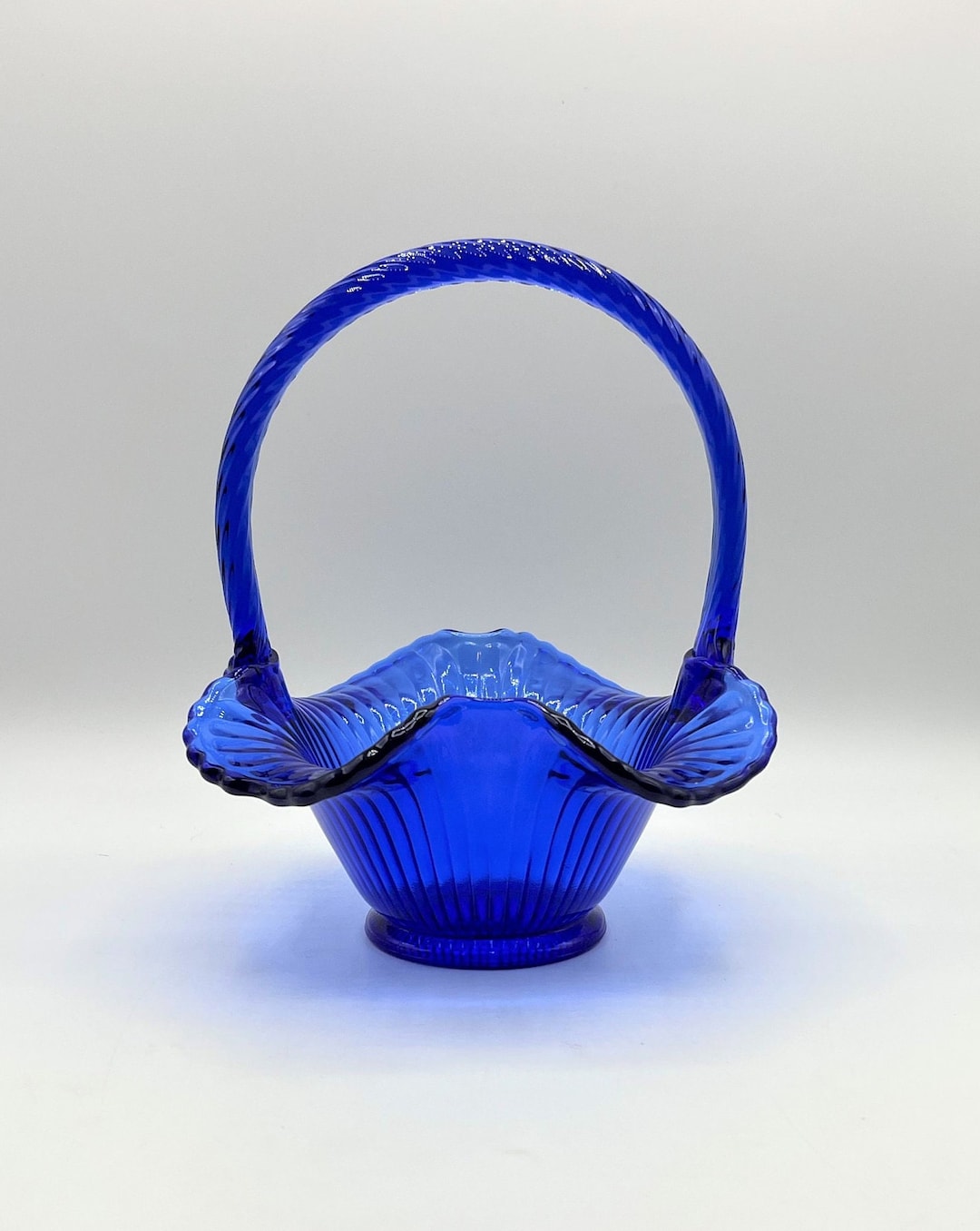Rare Fenton Glass Cobalt Blue Basket With Handle and Ruffled Rim Signed ...
