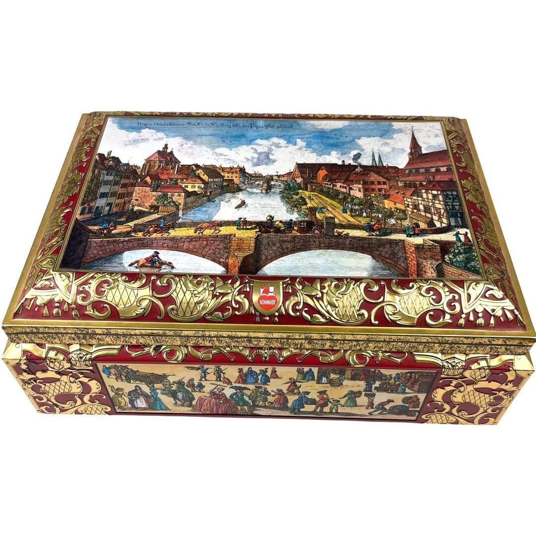 Vintage Large Collectible Hinged Tin Box by Schmidt in Germany. Village ...