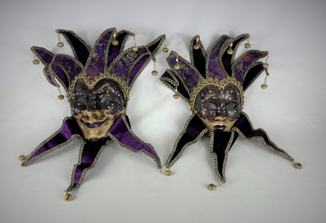 Pair of Venetian Full Face Jester Masks Male and Female Purple and Gold ...