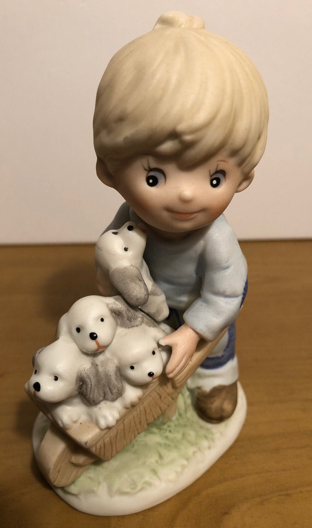 Vintage Figurine - Little Boy With Wheelbarrow Full of Puppies ...