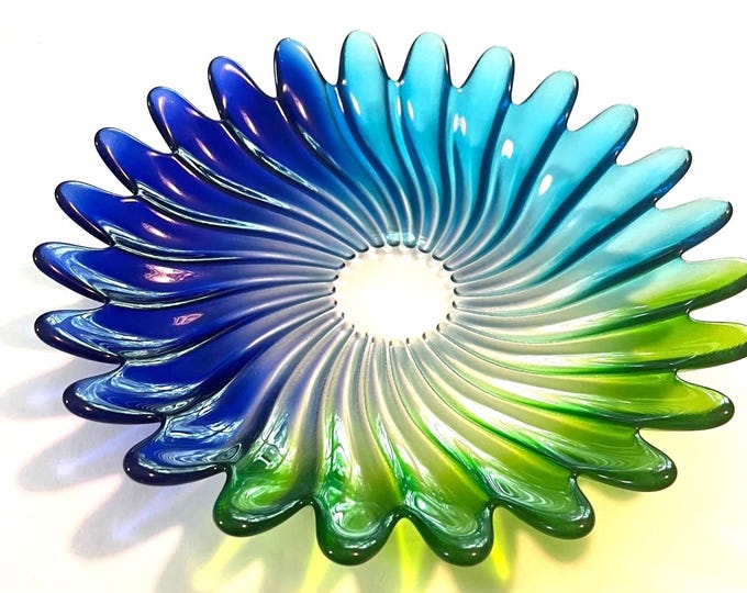 Walther Art Glass Large Decorative Plate Blue & Green Gradient Rippled ...