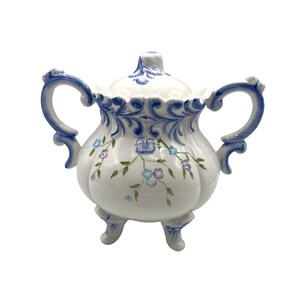 Vintage Ceramic 3 Pc Tea Set With Floral Hummingbird Design White Blue ...