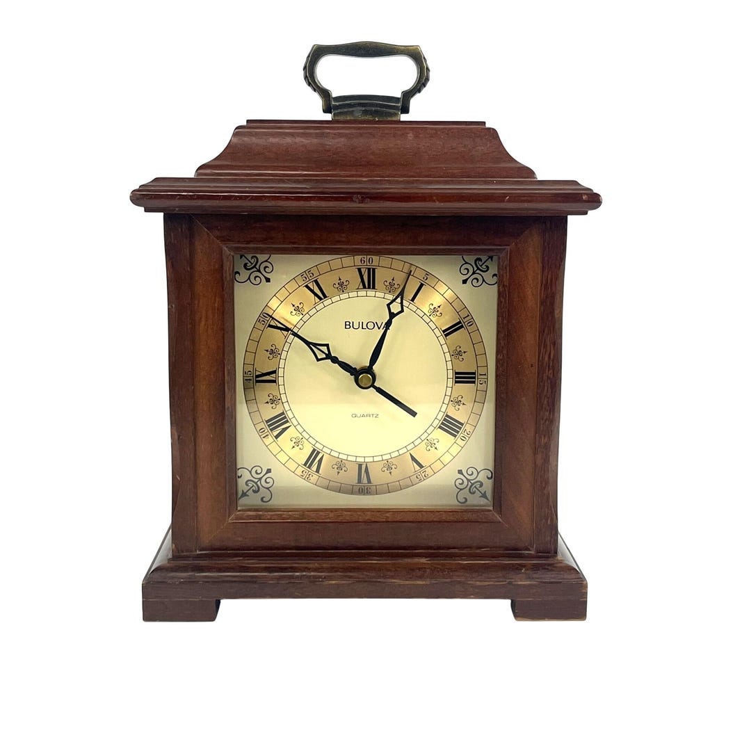 Vintage Bulova Mantel Clock With Wooden Case Brass Handle Quartz ...