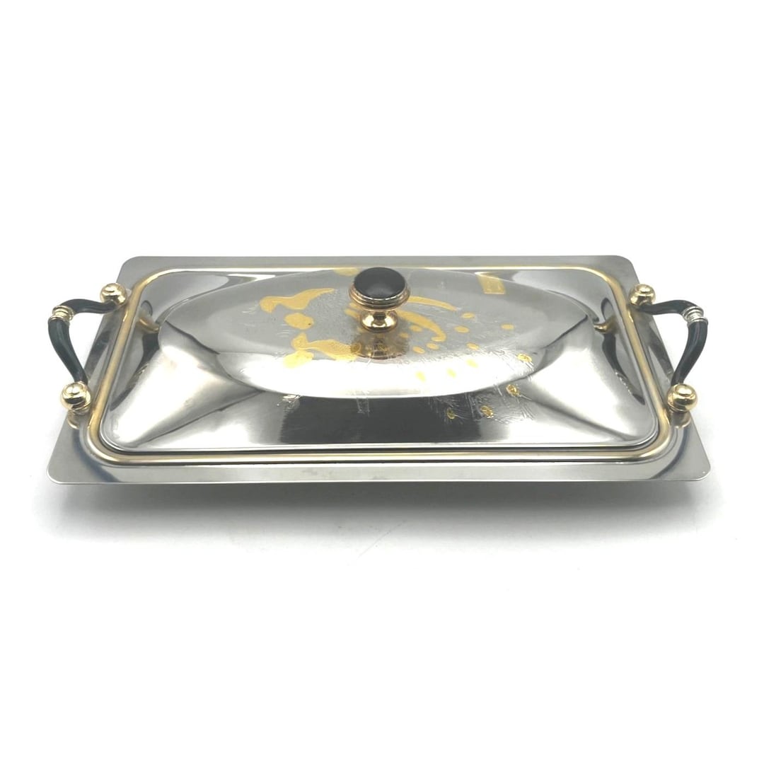 Vintage M.C.M. Inox 18/10 Stainless Steel Lidded Serving Tray With Gold ...
