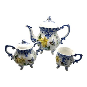 Vintage Ceramic 3 Pc Tea Set With Floral Hummingbird Design White Blue ...