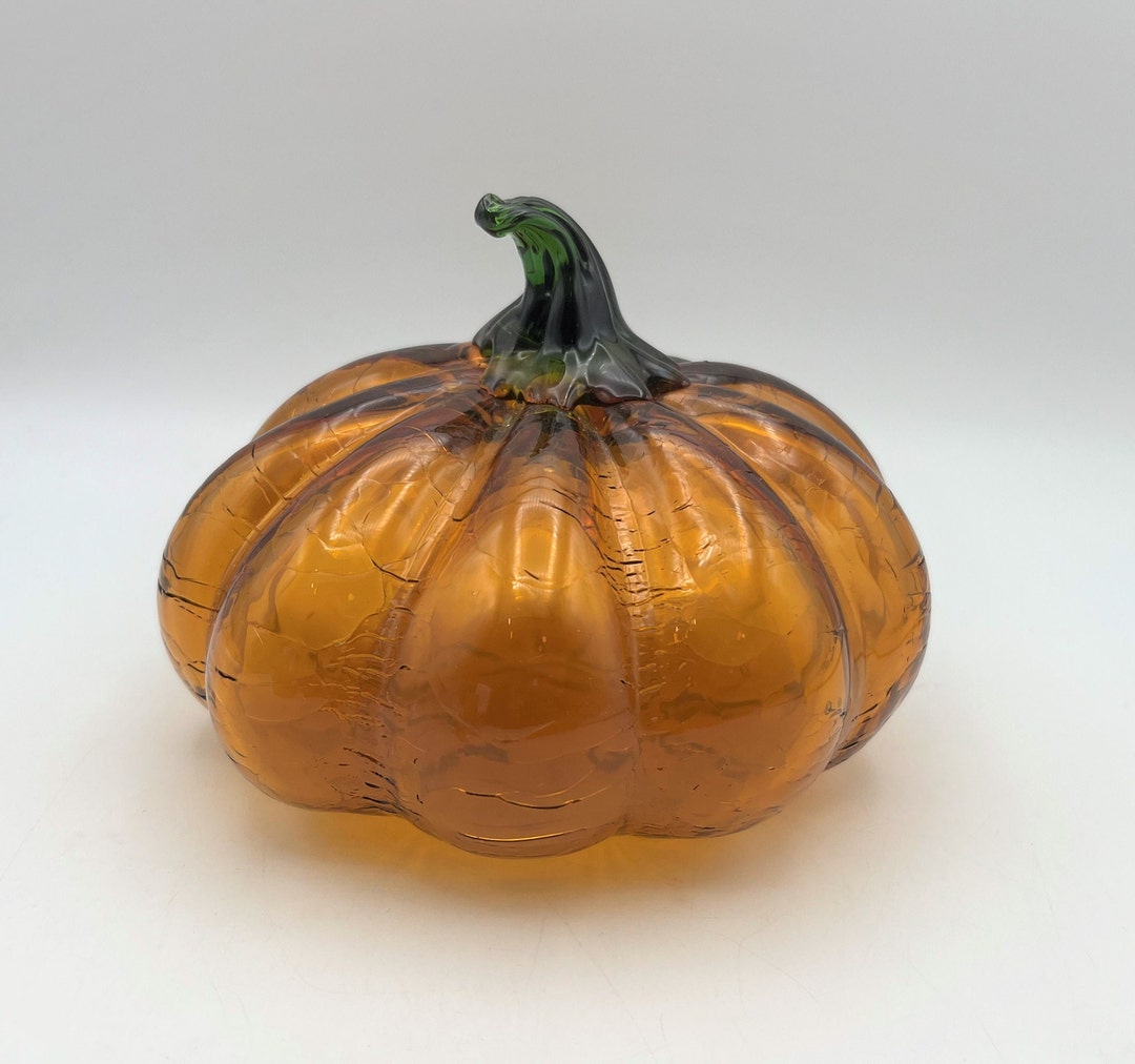 Glass Art Pumpkin Amber-color Glass With Green Glass Stem. Murano Style ...