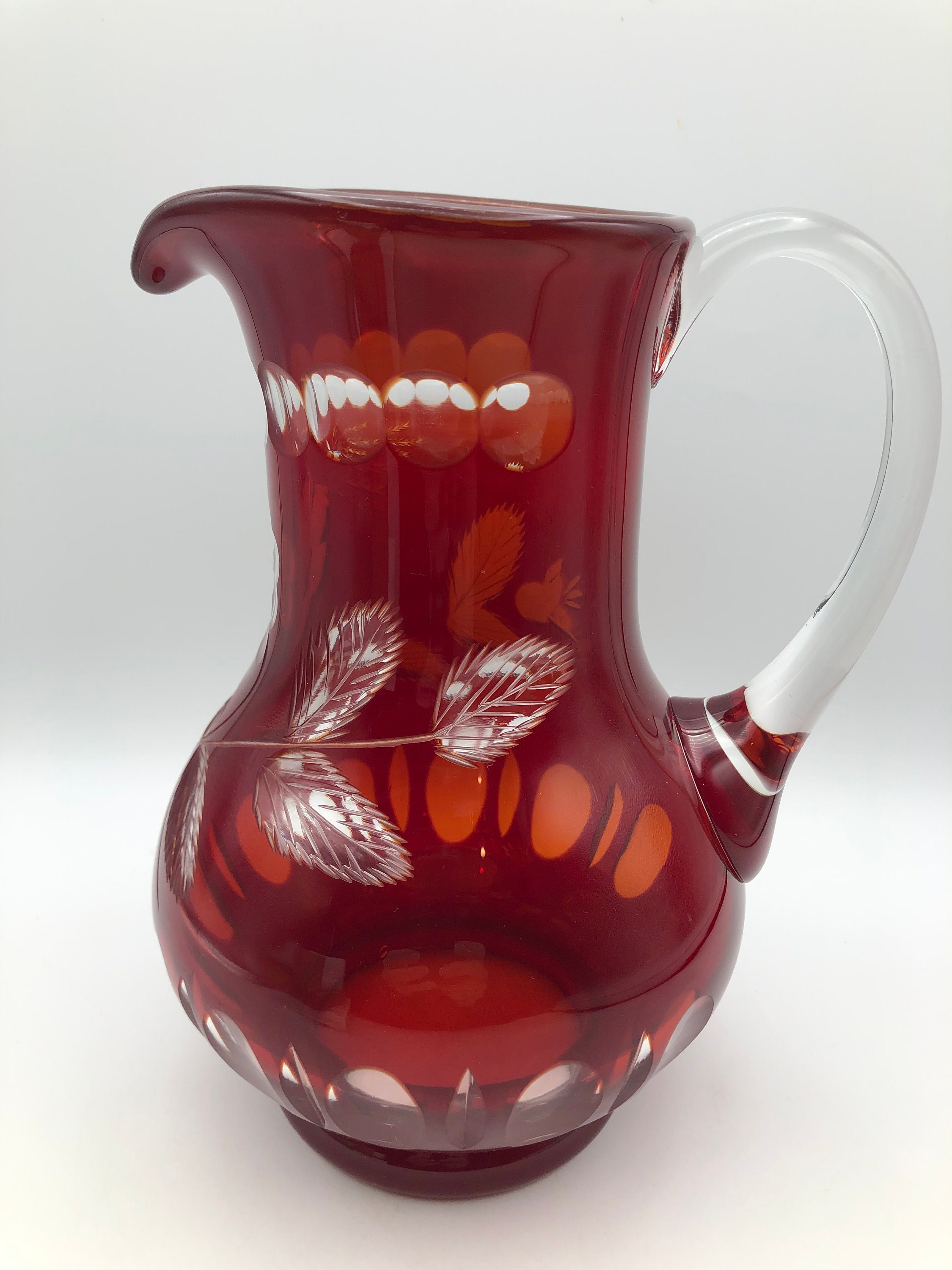 Vintage Ruby Red Cut to Clear Glass Pitcher. Cut Flower Leaves - Etsy