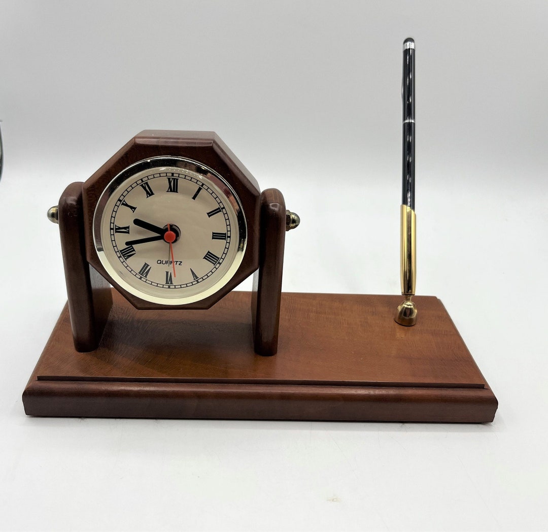 Solid Oak Quartz Clock and Pen Desk Set. Beautiful Desk Set for Office ...
