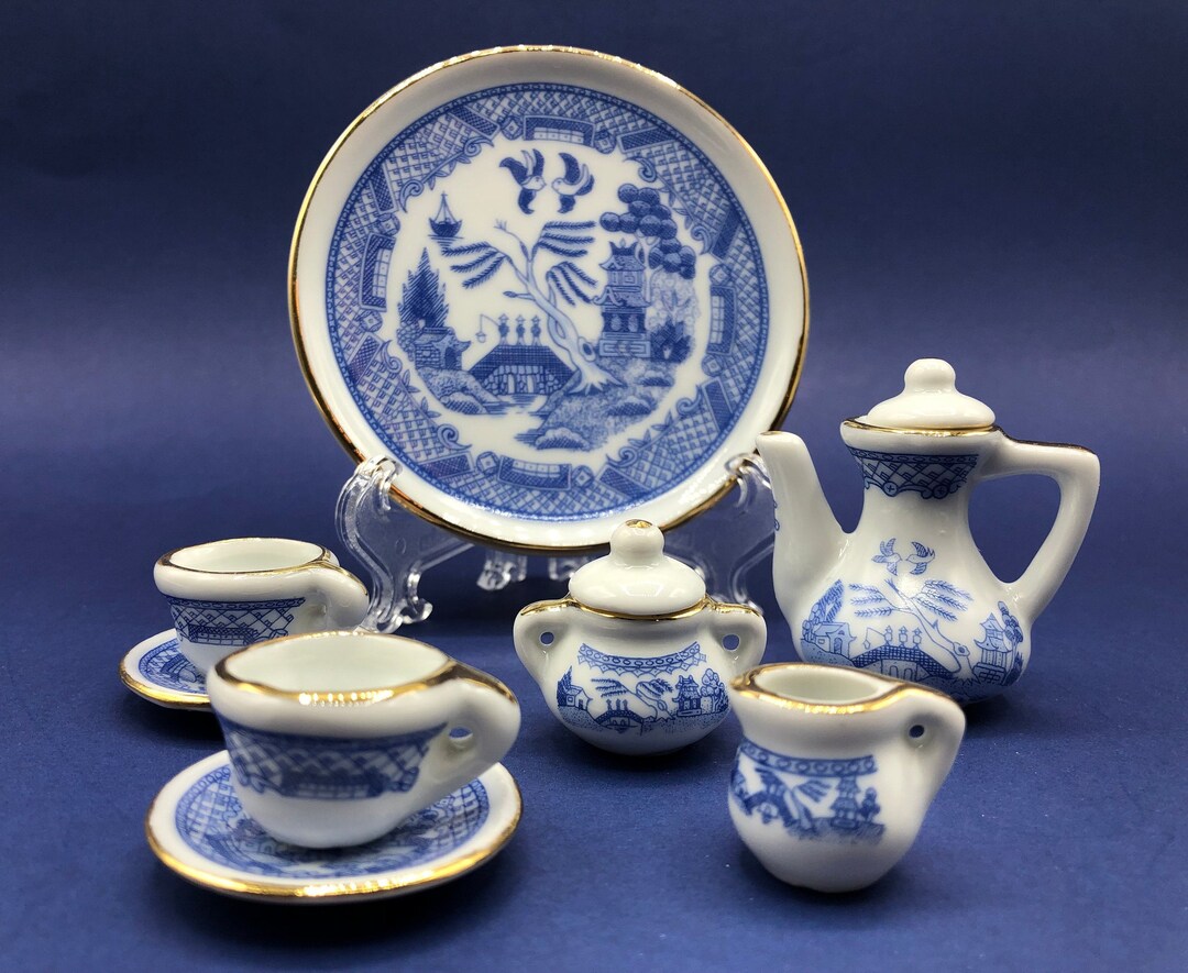 Miniature Collectible Tea Set, 10 Pieces in a Willow Tree Pattern ...