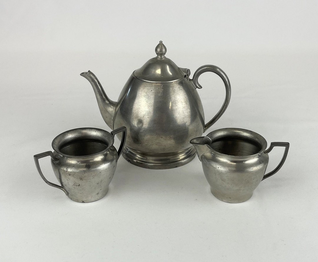 Vintage Solid Pewter Tea Set, 3 Piece Set, Tea Pot, Creamer and Sugar ...
