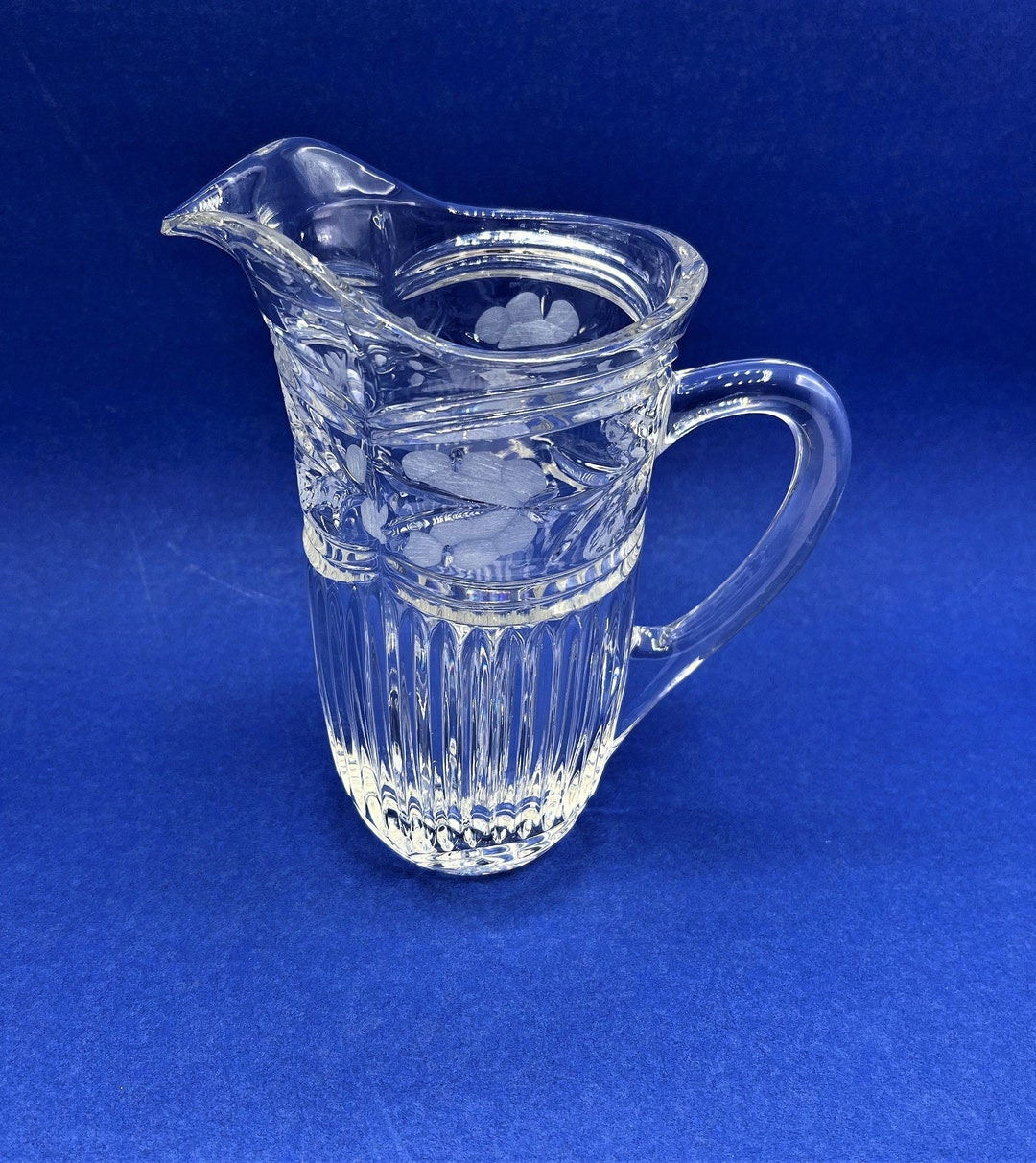 Beautiful Crystal Pitcher, Fluted With Etched Floral Design. Heavy Base ...