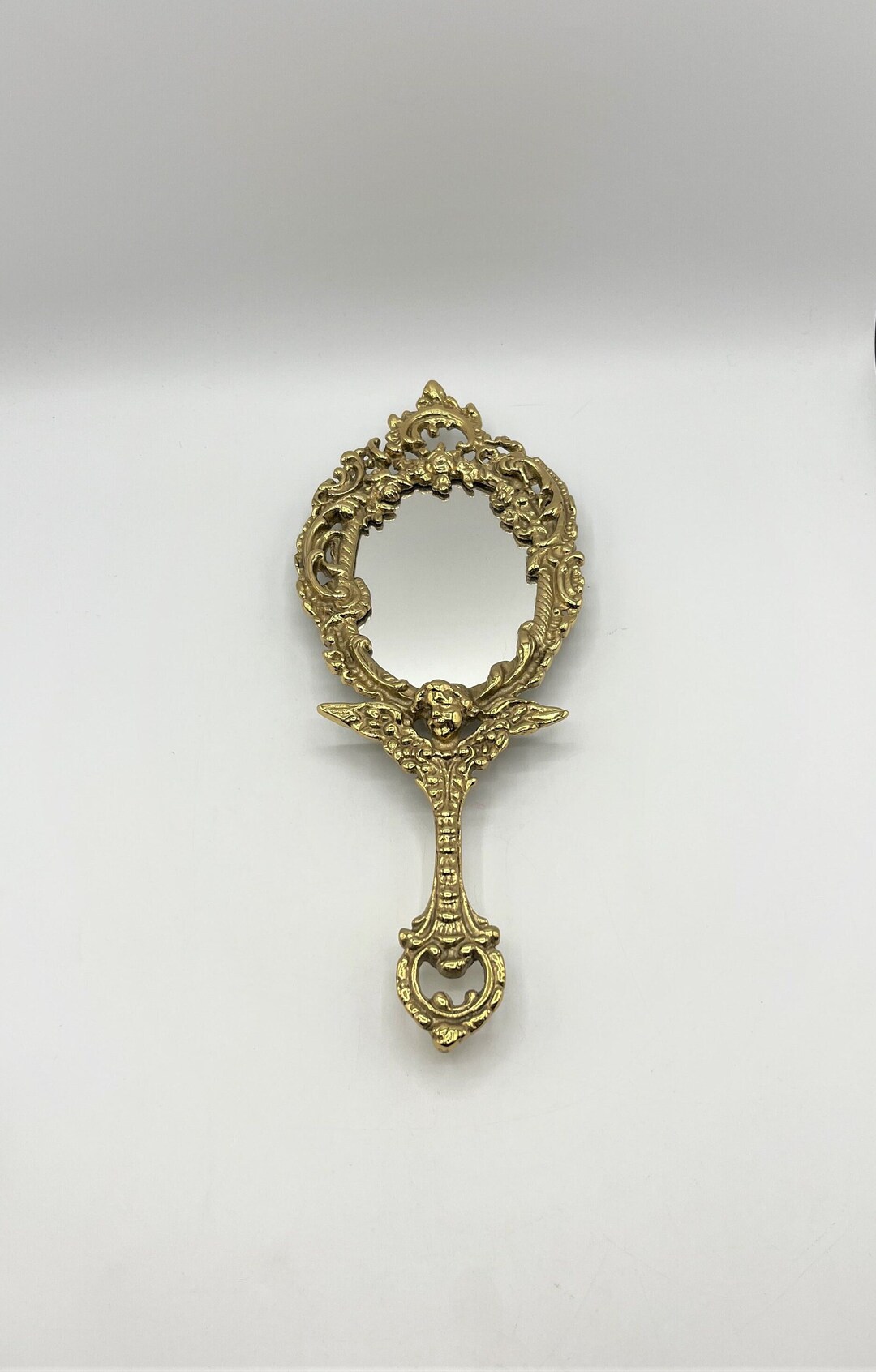Rare Antique Brass Gold Plated Footed Hand Mirror Ornate Design With ...