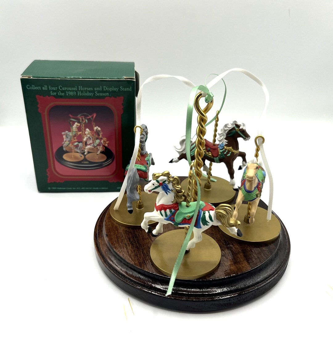 1989 Hallmark Christmas Carousel Horses Collection Wooden Display Base and Brass Center Post 4 ...