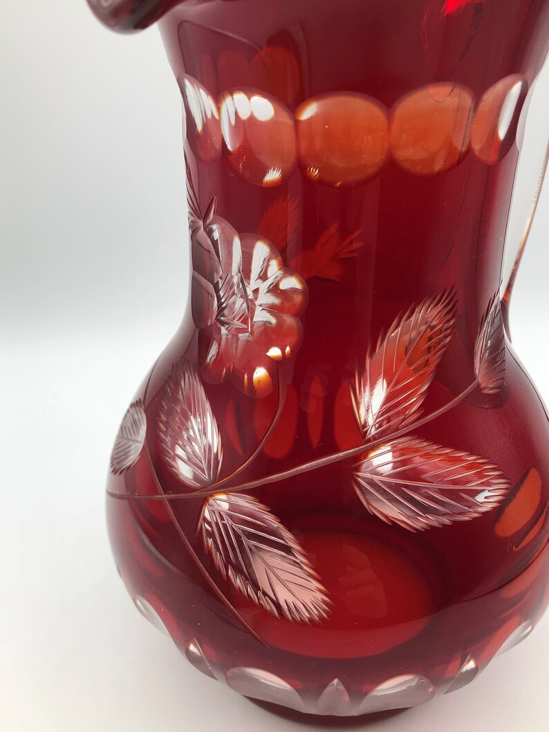 Vintage Ruby Red Cut to Clear Glass Pitcher. Cut Flower Leaves - Etsy