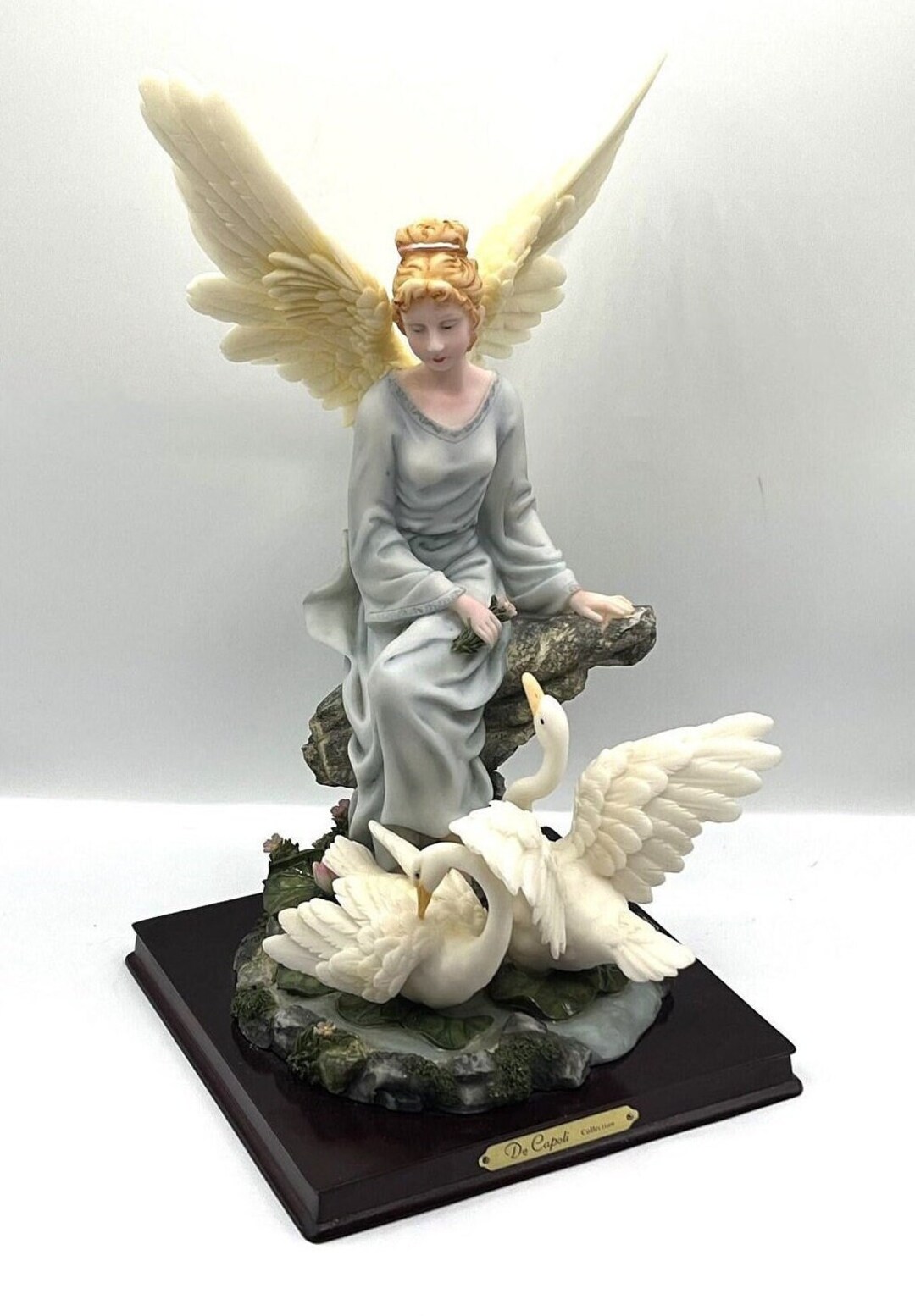 Large De Capoli Collection Angel in Blue Sitting by Pond Two White ...