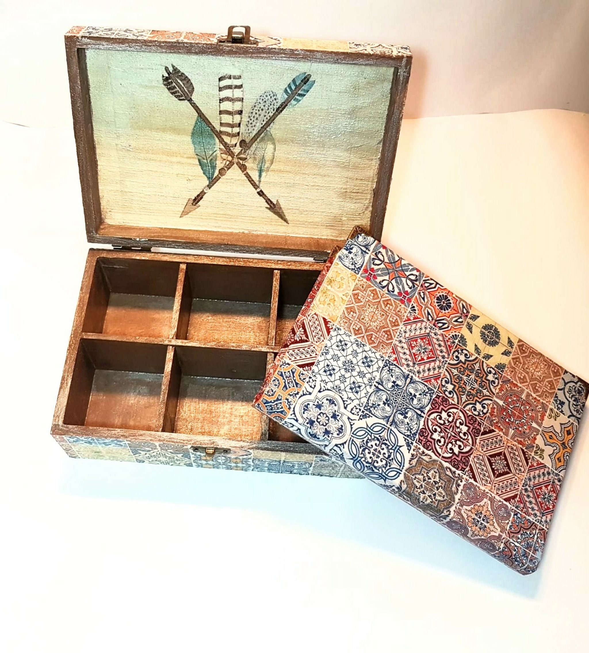 Feathers and Spanish Tiles Decoupage Tea Box. Great Gift Ideas. Dream Wooden Tea Box. Tea Box ...