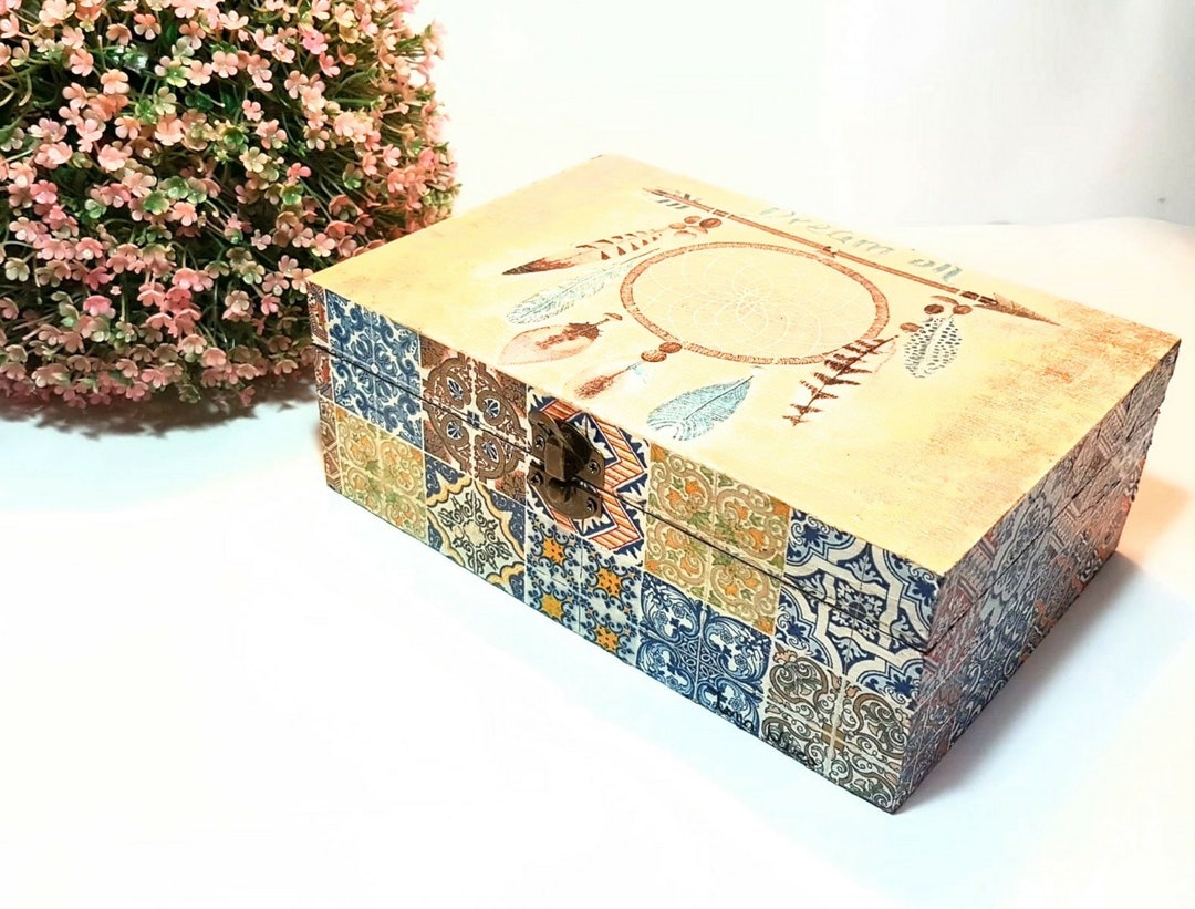 Feathers and Spanish Tiles Decoupage Tea Box. Great Gift Ideas. Dream ...