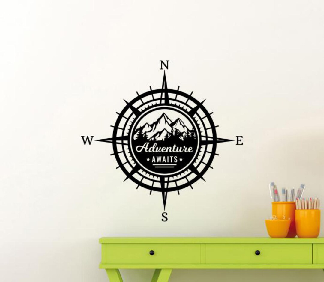 Adventure Awaits Compass Wall Sticker Vinyl Decal Travel Compass Rose ...