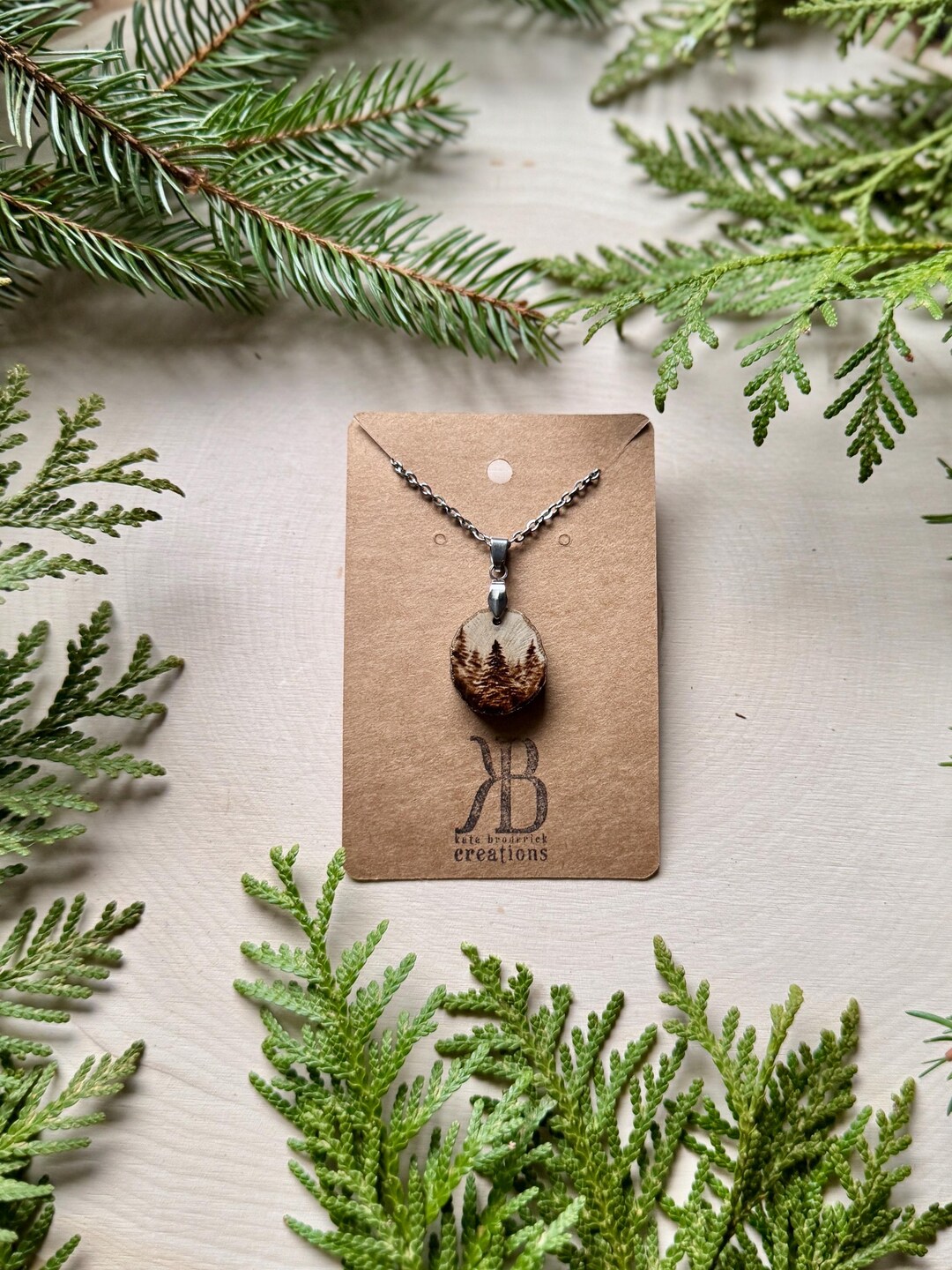 Pine Tree Line Hand Wood Burned Reclaimed Iron Wood Slice Pendant With ...