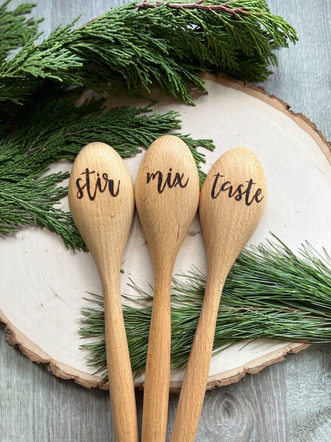 Stir Mix Taste Script Lettering | Custom Wood Burned Kitchen Spoons - Etsy