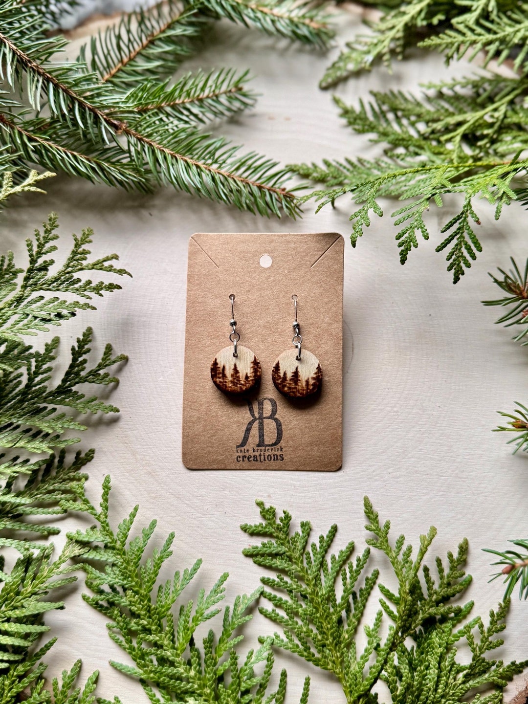 Hand Wood Burned Pine Tree Line Stainless Steel Earrings Circle | With ...