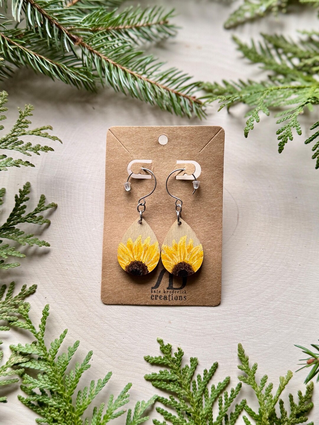 Hand Painted Teardrop Sunflower Stainless Steel Earrings | With Brown ...