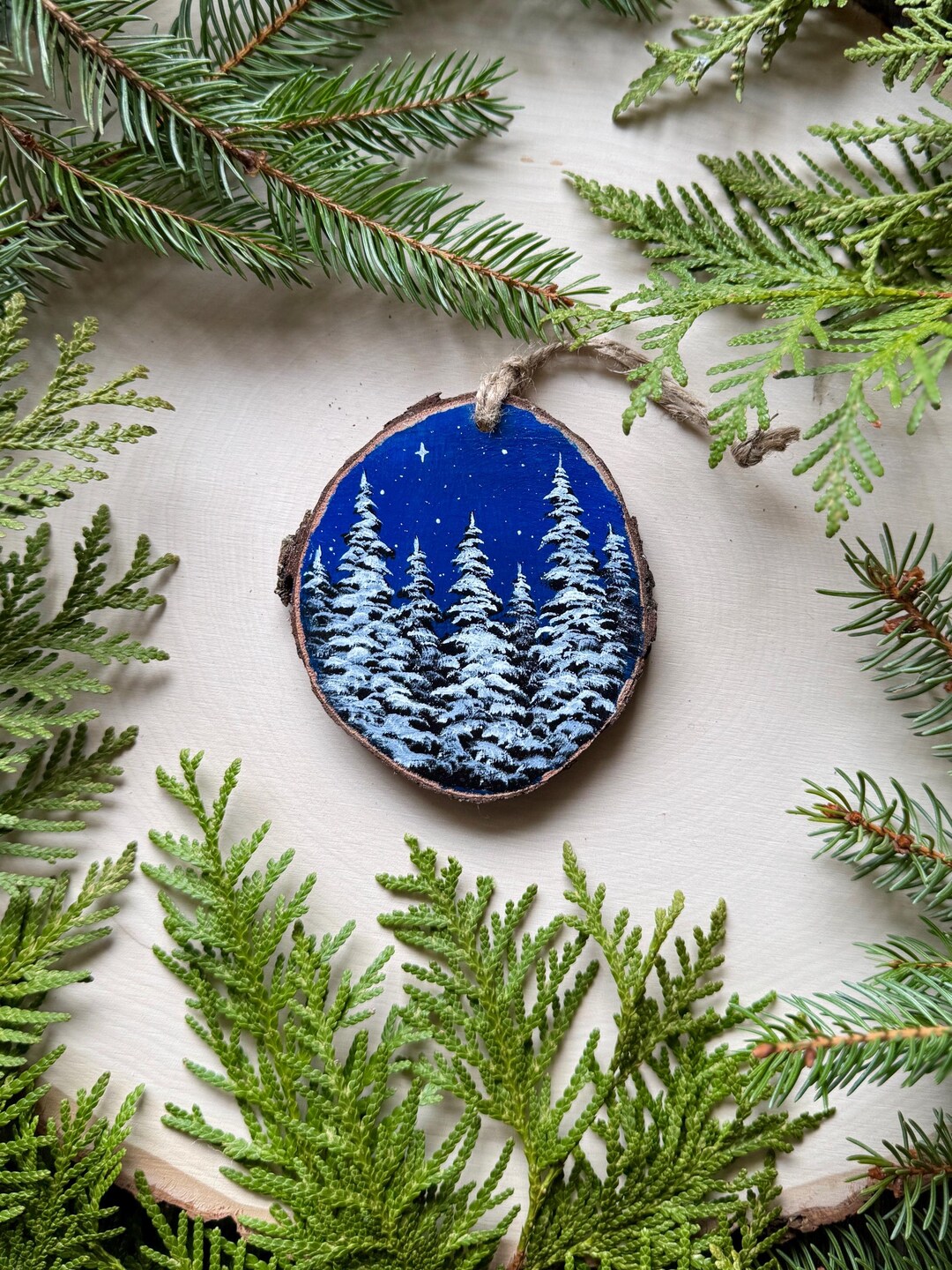 Hand Painted Snow Covered Pine Trees With a Blue Starry Sky and North ...