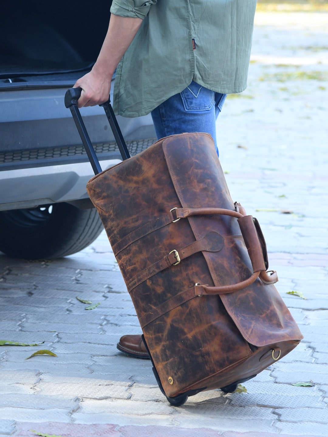 Genuine Leather Duffle Bag With Wheels, Large Capacity Leather ...