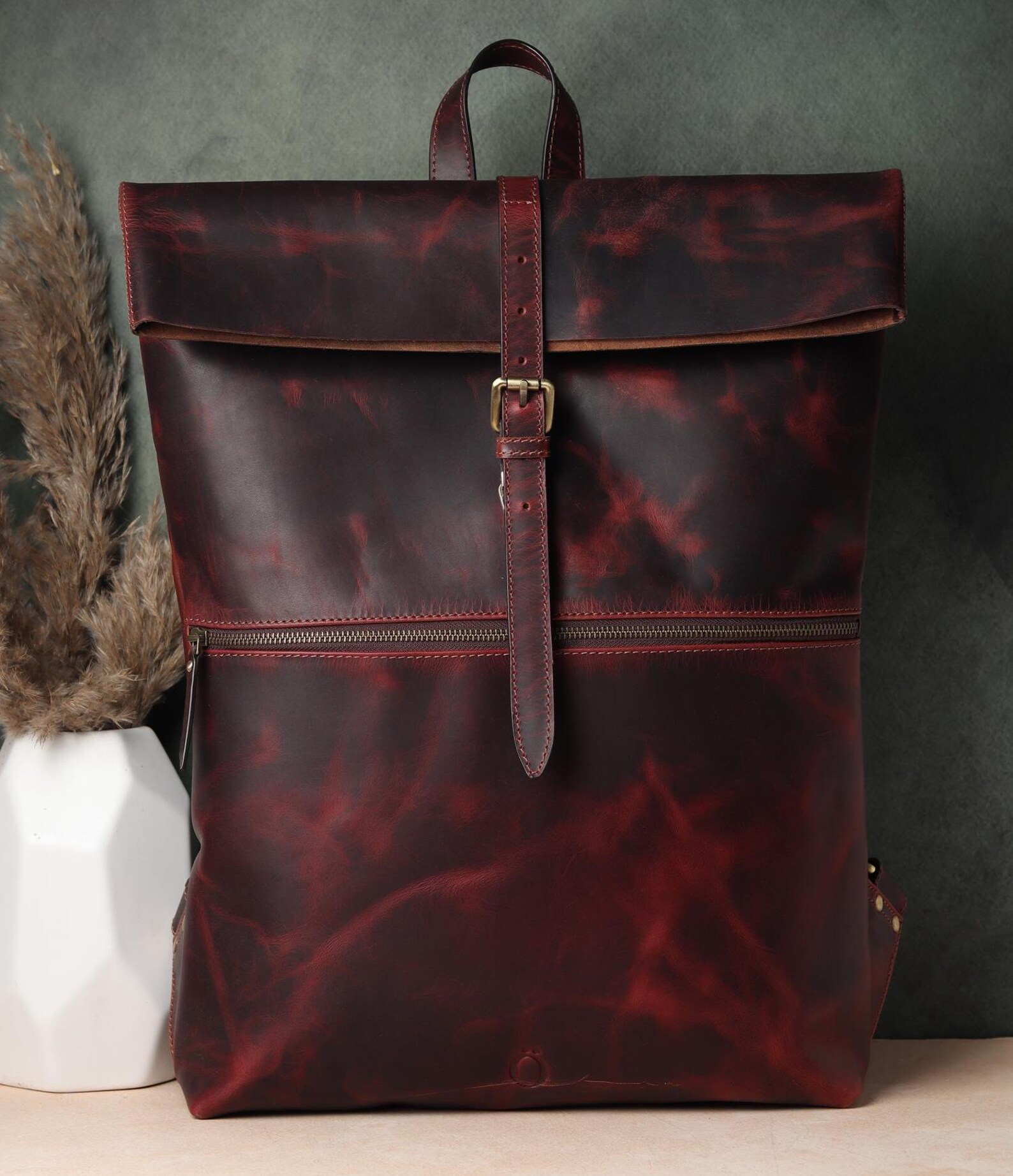 Full Grain Leather Rolltop Backpack: Handmade Travel Rucksack With ...