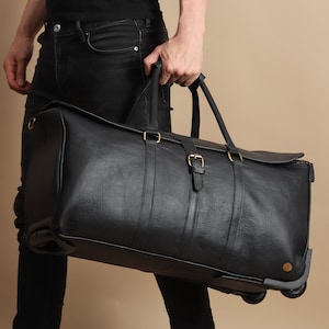 Leather Rolling Travel Duffle Bag for Men, 24 Inch Overnight Weekend ...